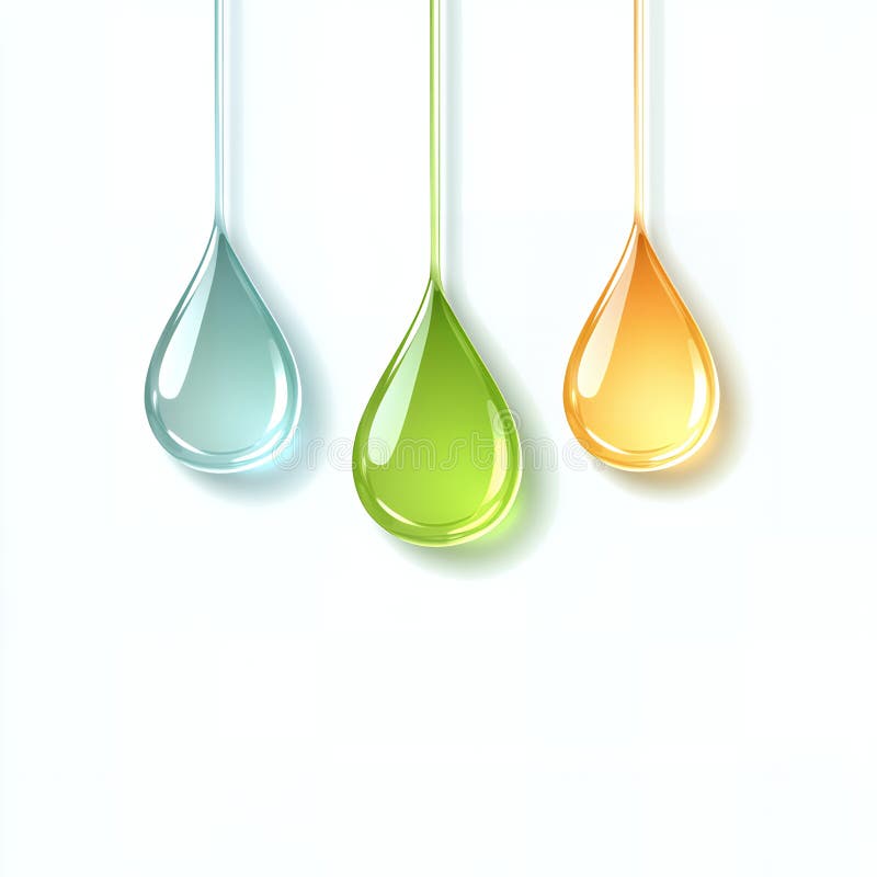 Three Vibrant Liquid Drops Hanging Isolated on White Background Clean ...