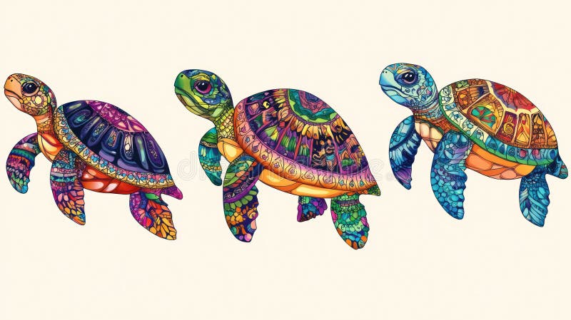 Three Vibrant, Ornate Sea Turtles Stock Illustration - Illustration of ...
