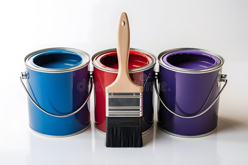 Three Vibrant Paint Cans Next To Brush on White Background Stock ...