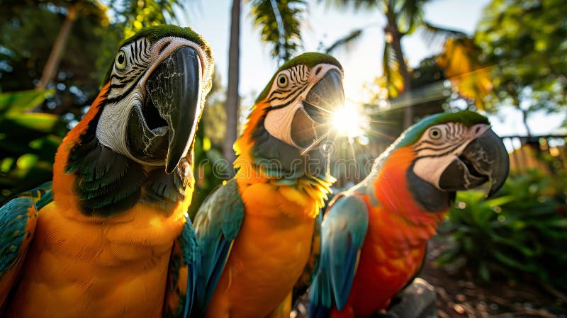 Three Vibrant Parrots of Different Colors Standing Side by Side in a ...