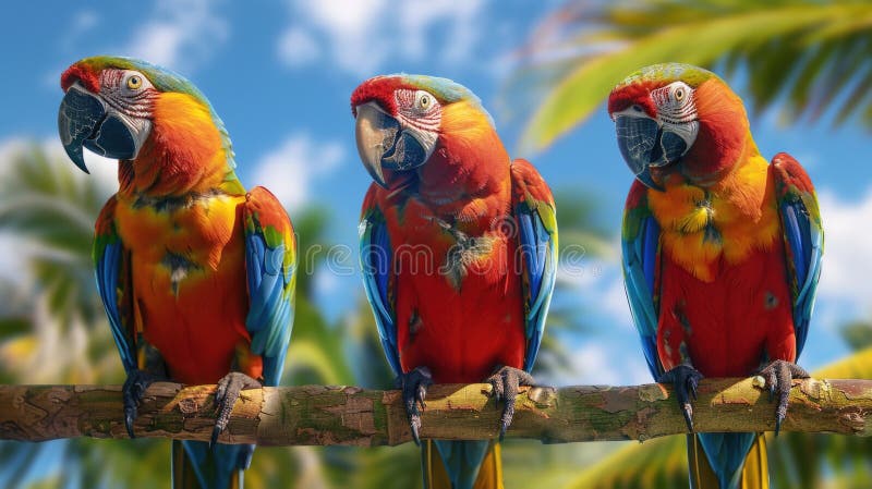Three Vibrant Parrots Perched Branch Surrounded Lush Palm Trees Stock ...