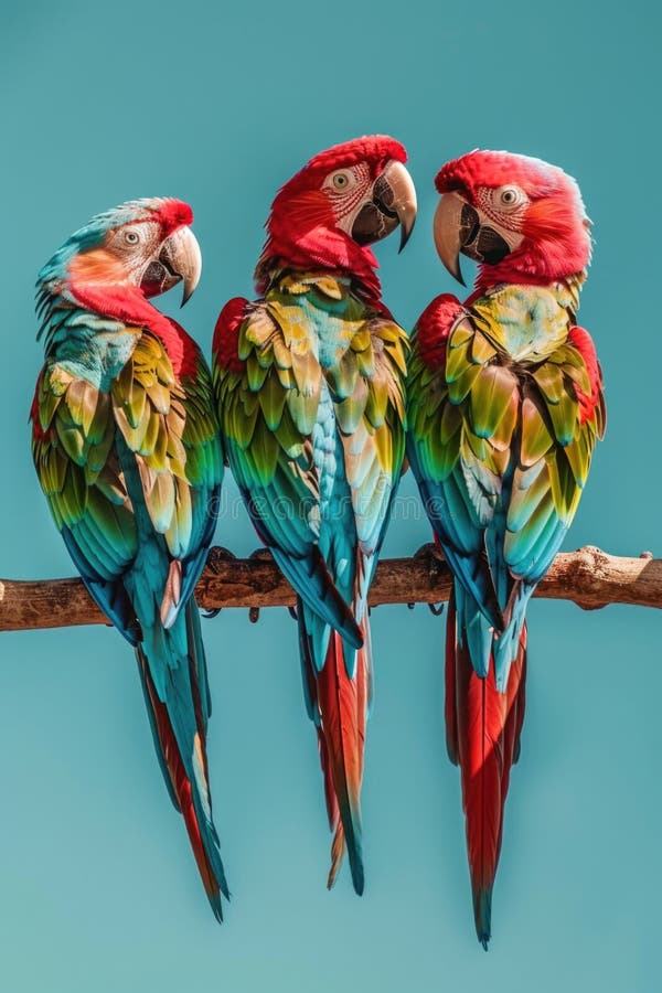 Three Vibrant Parrots Sit on a Tree Branch, Showcasing Their Bright ...
