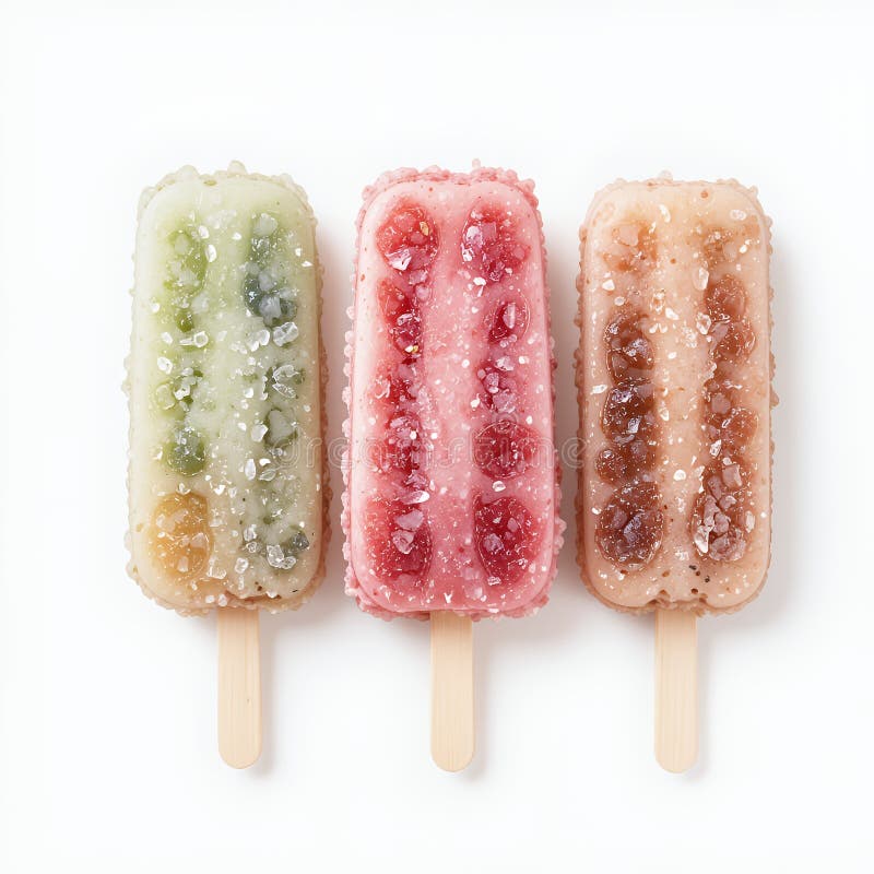 Three Layered Popsicles with Sugar Crystals on White Background Stock ...