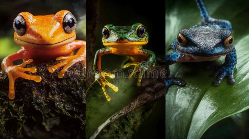 Three Vibrant Rainforest Frogs Closeup Stock Illustration ...