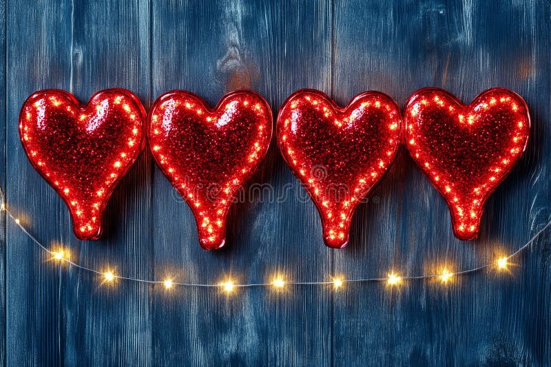 Three Vibrant Red Heart-shaped Lights are Elegantly Suspended from a ...