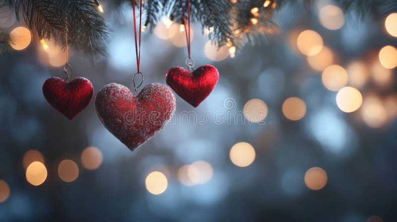 Three Vibrant Red Hearts Dangle Gracefully from a Tree Branch ...