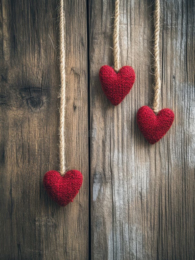 Three Vibrant Red Hearts Dangle Playfully from a Rustic Rope, Casting a ...