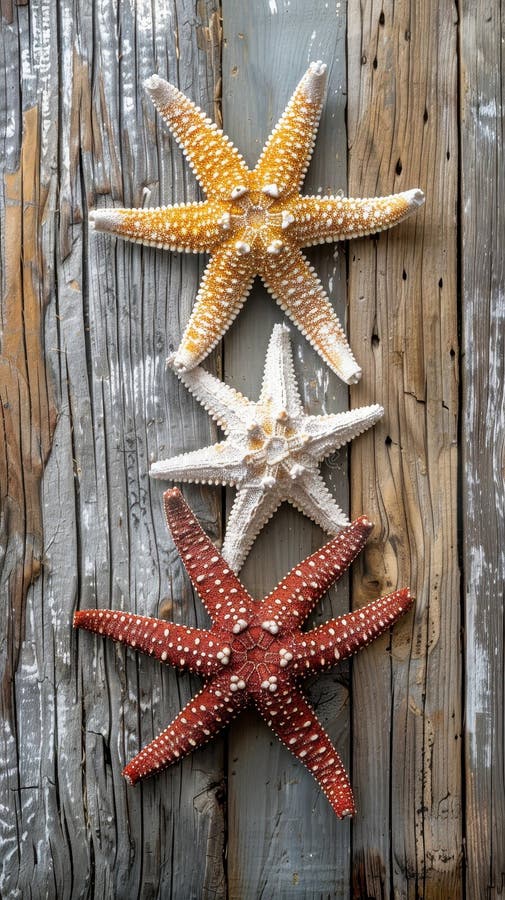 Three Vibrant Starfish on Rustic Wooden Background Showcasing Unique ...