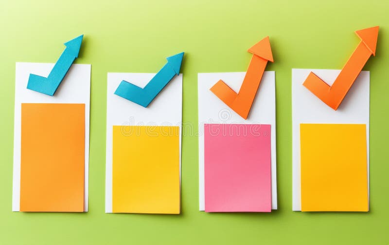 Three Vibrant Sticky Notes with Arrows Indicating Upward and Downward ...