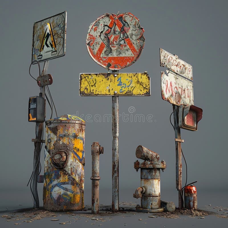 Three Vibrant Street Signs Amidst Urban Side Items Stock Illustration ...