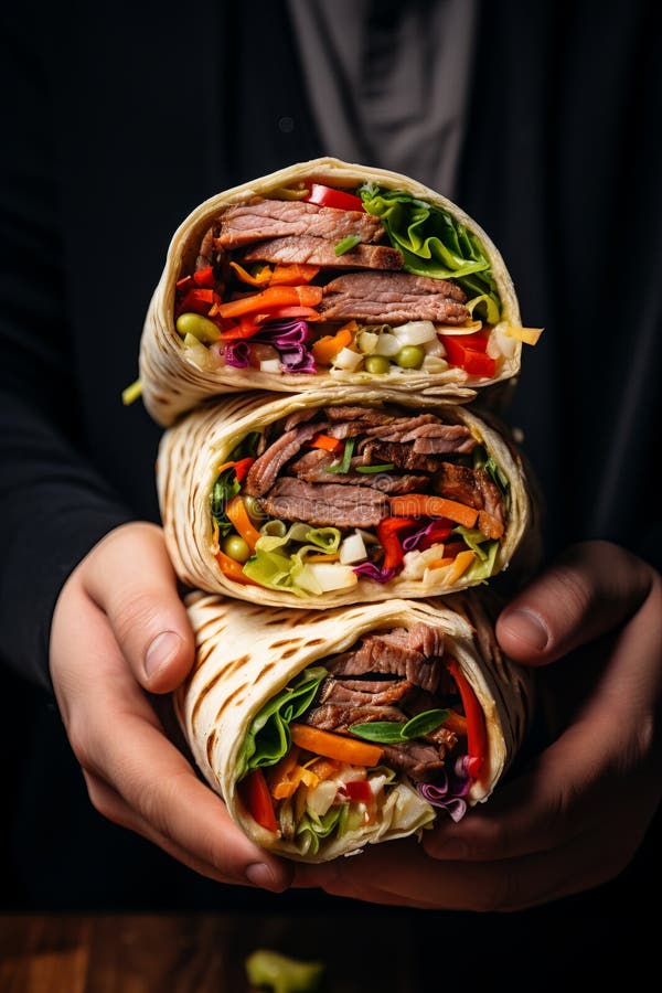 Delicious Stacked Wraps Filled with Fresh Vegetables and Savory Beef ...