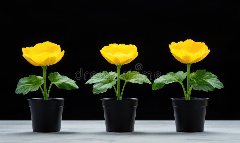 Three Vibrant Yellow Flowers in Black Pots Against Dark Backdrop Stock ...