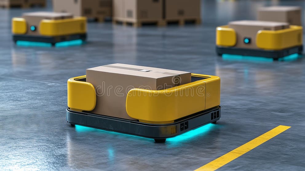Yellow Micro-robots Transporting Packages in a Modern Warehouse Stock ...