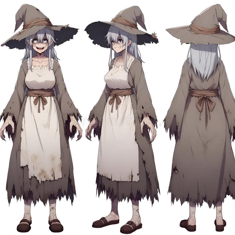 Three Views of an Anime-style Witch Character with a Tattered Dress and ...