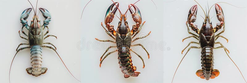 Three Views of Crayfish, One Front View and Two Side Views on a White ...