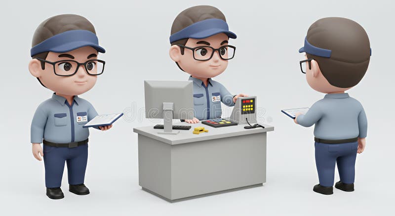 Three Views of a 3D Rendered Chibi Korean Male Machine Operator in Gray ...