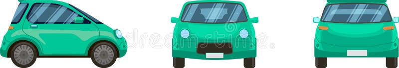 Three Views of a Green Compact Car, Showcasing Its Front, Side, and ...
