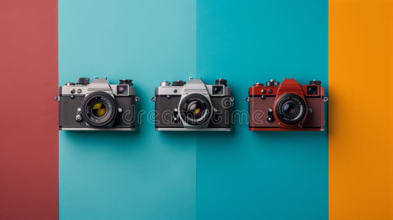 Three Vintage Cameras on a Colorful Background Stock Photo - Image of ...