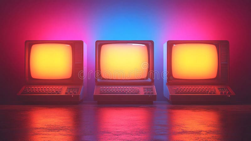 Three Vintage Computers Installed in a Row. Stock Photo - Image of ...