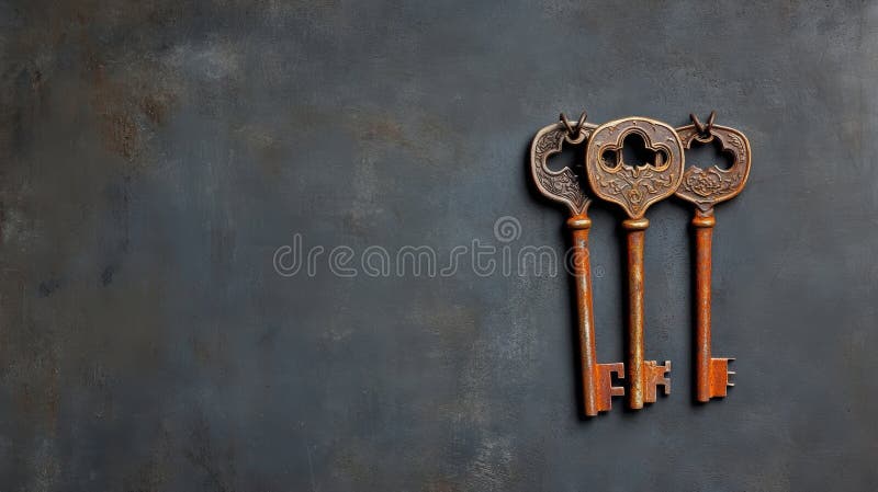 Three Vintage Decorative Keys Against a Dark Textured Background Stock ...
