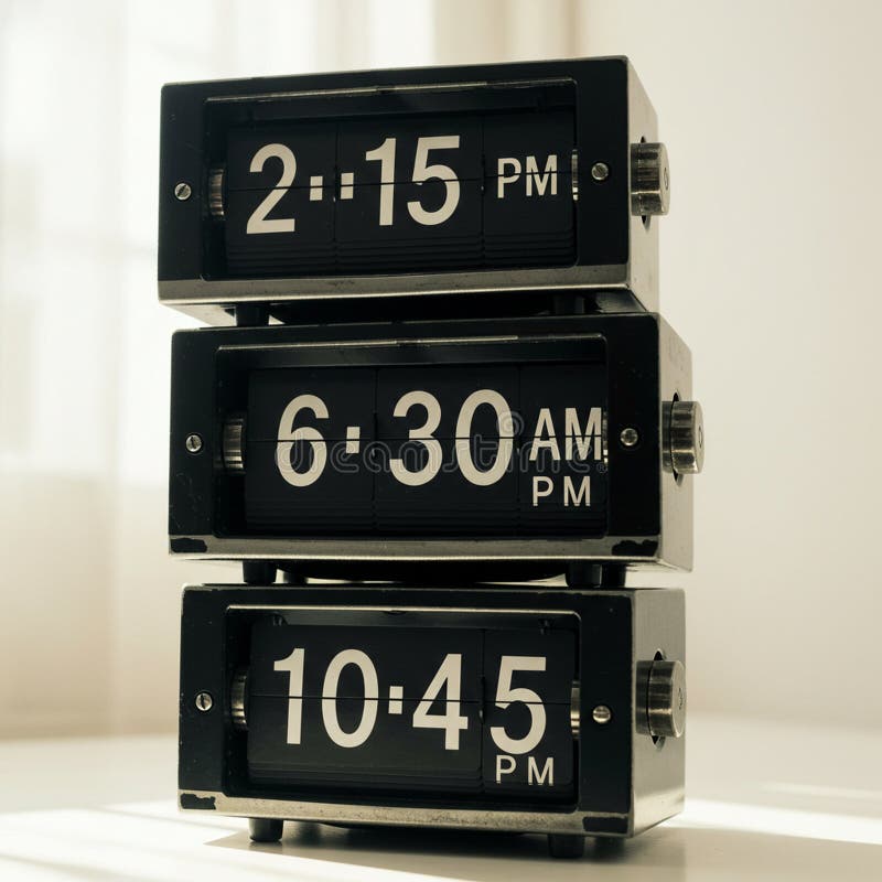 Three Vintage Flip Clocks are Stacked Vertically. Each Displays a Different Time with Stock ...