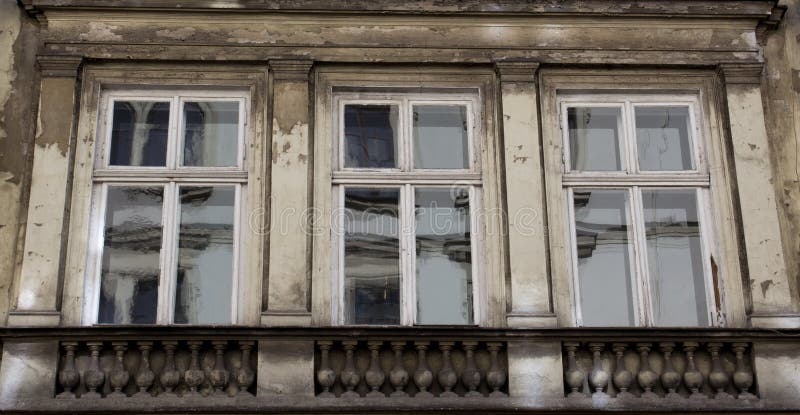 Three Vintage Front Glass Windows of an Old House Stock Photo - Image ...