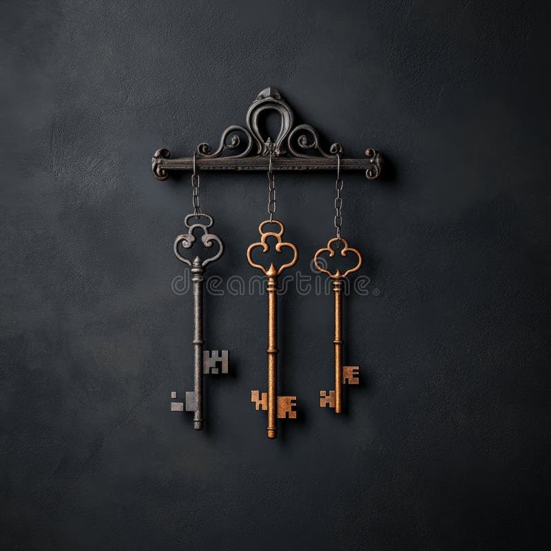 Three Vintage Keys Hanging on a Decorative Hook Against a Dark ...