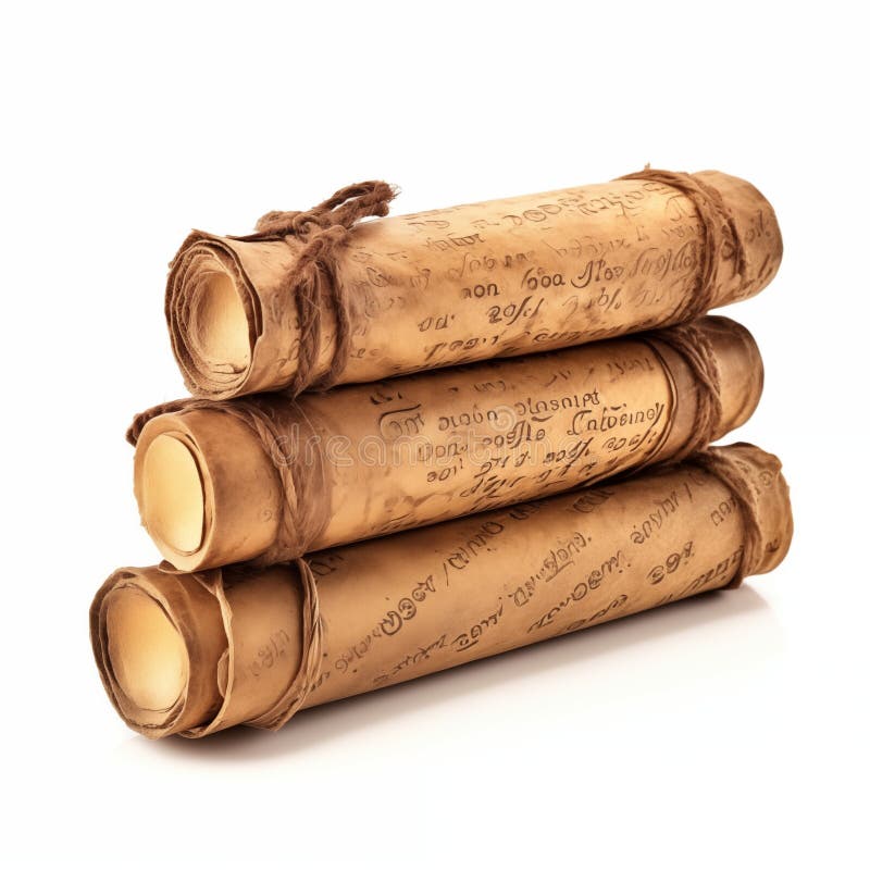 Three Vintage Scrolls Rolled and Tied with Twine on White Background ...