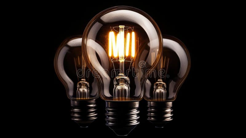 Three Vintage-style Light Bulbs with Glowing Filaments on Black ...