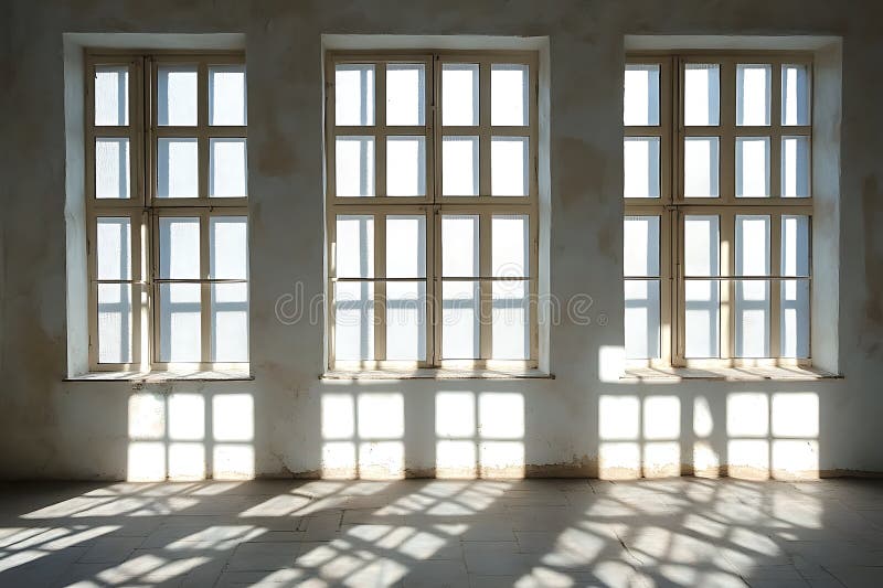 Three Vintage Windows in a Room with Sunlight Casting Shadows on the ...