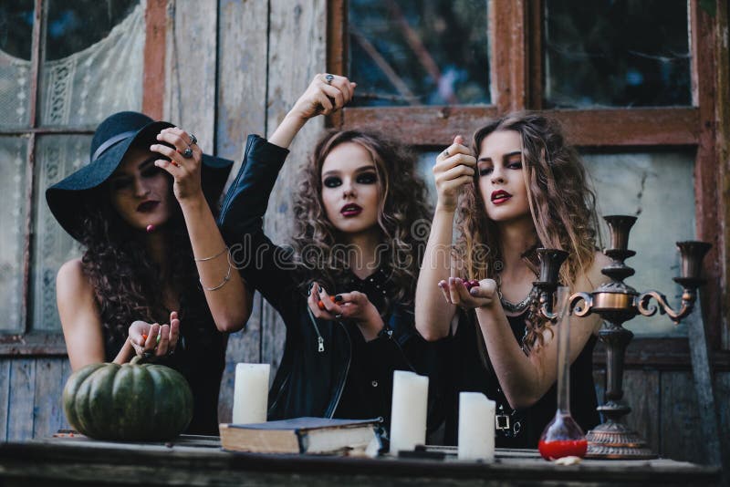 Three Vintage Witches Perform Magic Ritual Stock Image - Image of ...