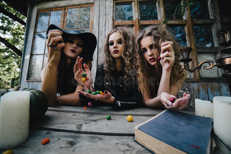 Three Vintage Witches Perform Magic Ritual Stock Image - Image of adult ...