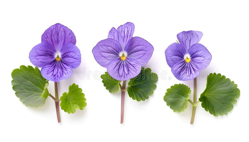 Three Violets and Leaves Isolated on White Background Stock Photo ...