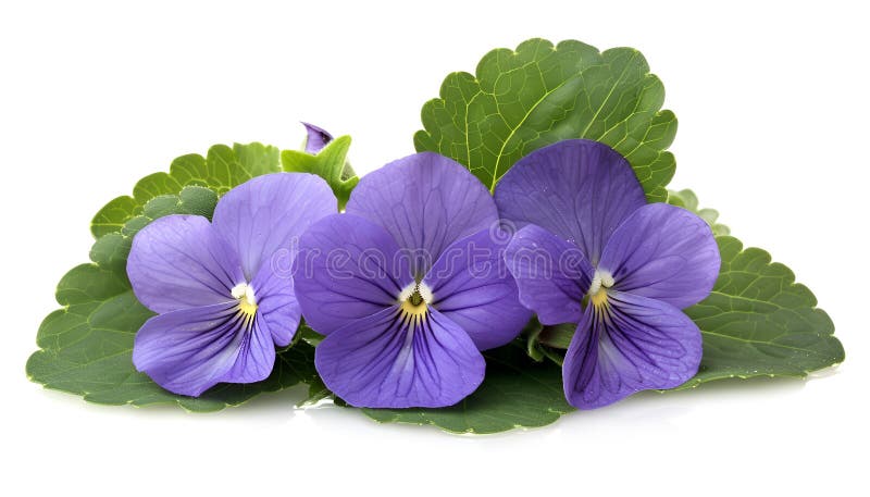 Three Violets and Leaves Isolated on White Background Stock Photo ...
