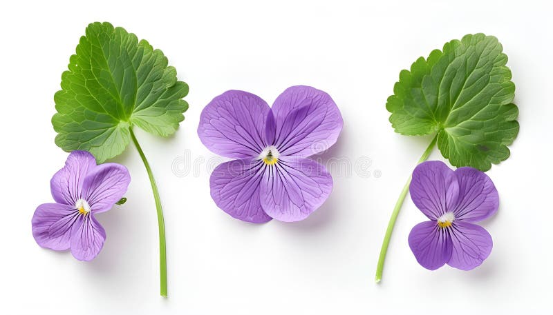 Three Violets and Leaves Isolated on White Background Stock Photo ...