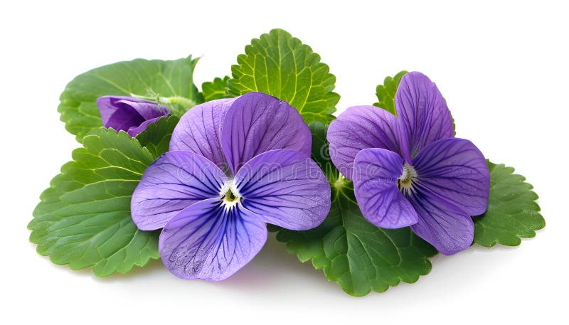 Three Violets and Leaves Isolated on White Background Stock Photo ...