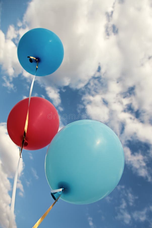 Three Vivid Color Balloons on Blue Sky Stock Image - Image of flying ...