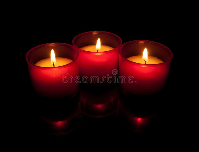 Three Votive Candles, Red Holders with Reflections Stock Image - Image ...