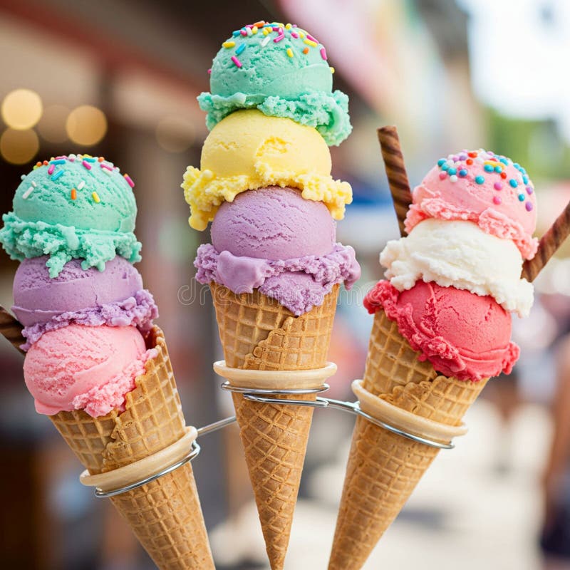 Three Waffle Cones Hold Multiple Scoops of Colorful Ice Cream. the ...
