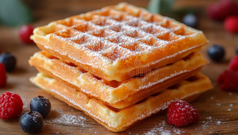 Three Waffles with Powdered Sugar on Top and a Bunch of Raspberries on ...