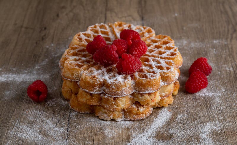 Three Waffles Stacked, Garnished with Raspberries, Close Up Stock Image ...
