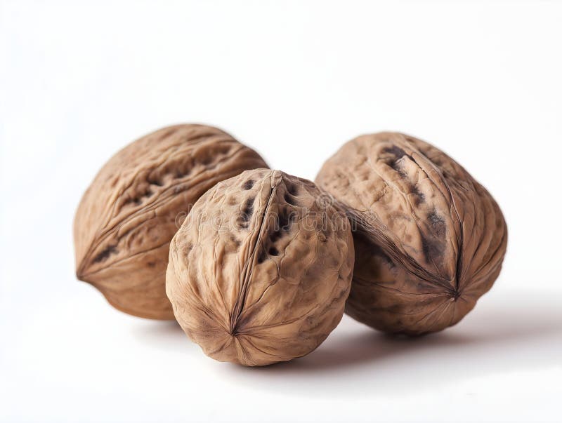 Three Walnuts Arranged on a White Background, Showcasing Their Natural ...