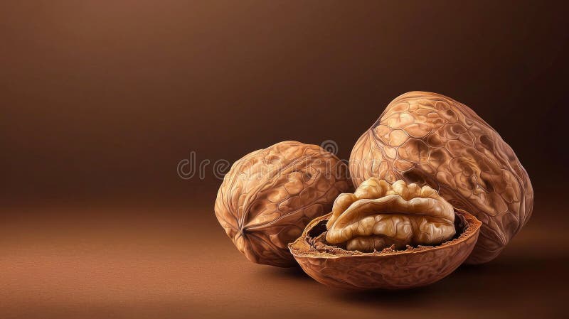 Three Walnuts Deep Brown Backdrop Showcase Their Textured Shells One ...