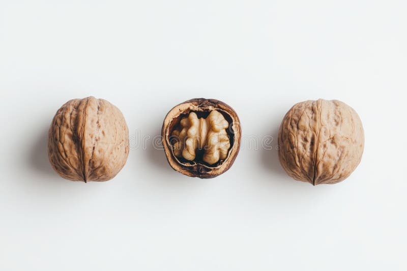 Three Walnuts are Displayed on a Light Surface. a Cracked Walnut ...