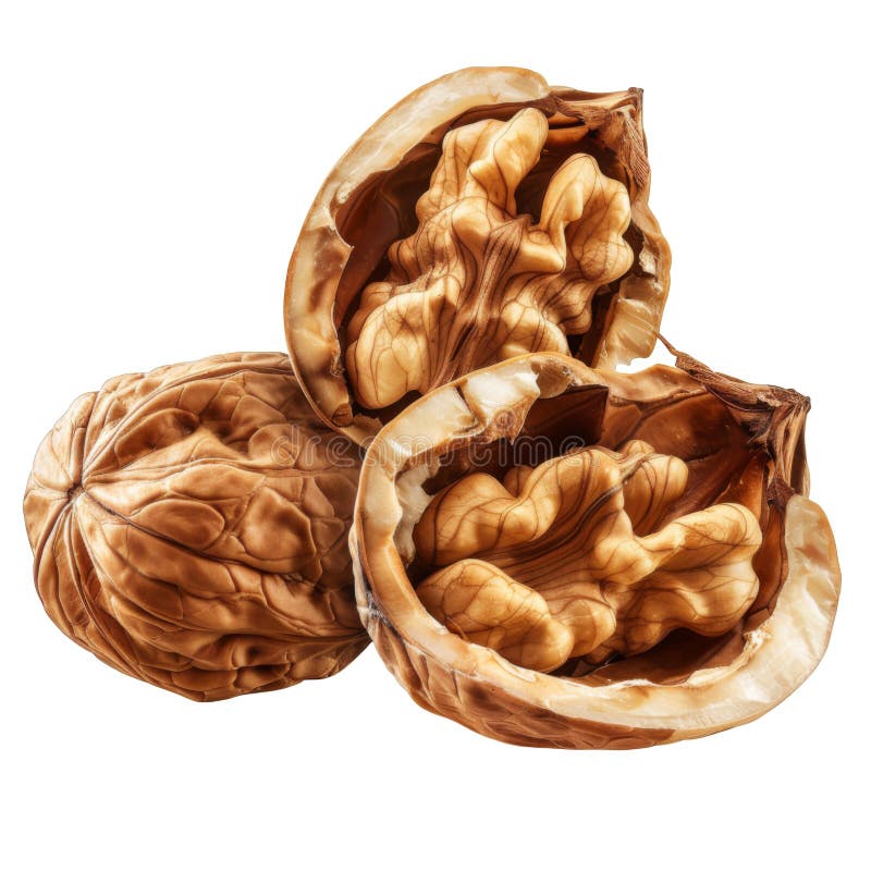 Three Walnuts, One Whole, Two Open, Isolated on White Background Stock ...