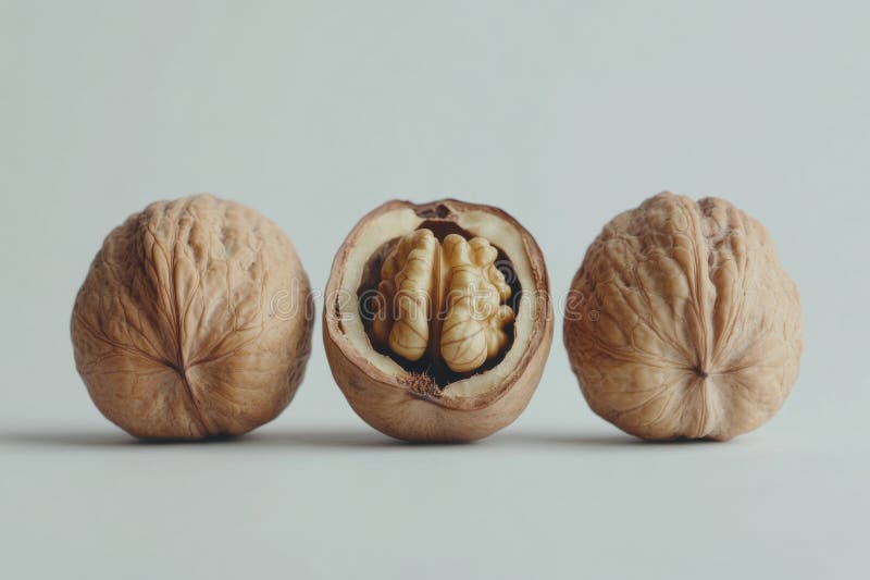 Three Walnuts Showcased in a Clean Minimalist Style. the Outer Shell ...