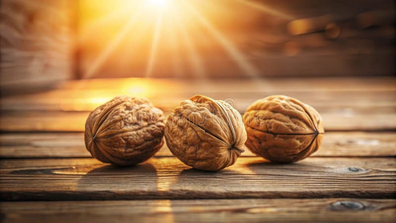 Three Walnuts in Warm Sunlight on Rustic Wood. Generative AI Stock ...