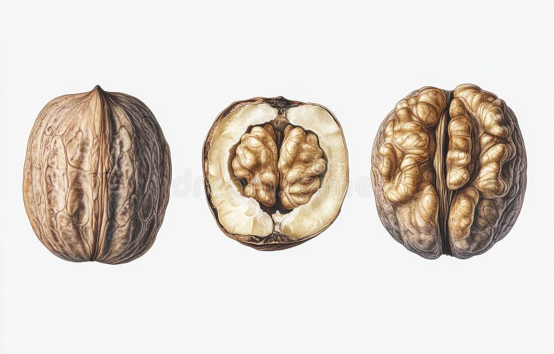 Three Walnuts Whole, Halved, and Kernel, on White Background Stock ...