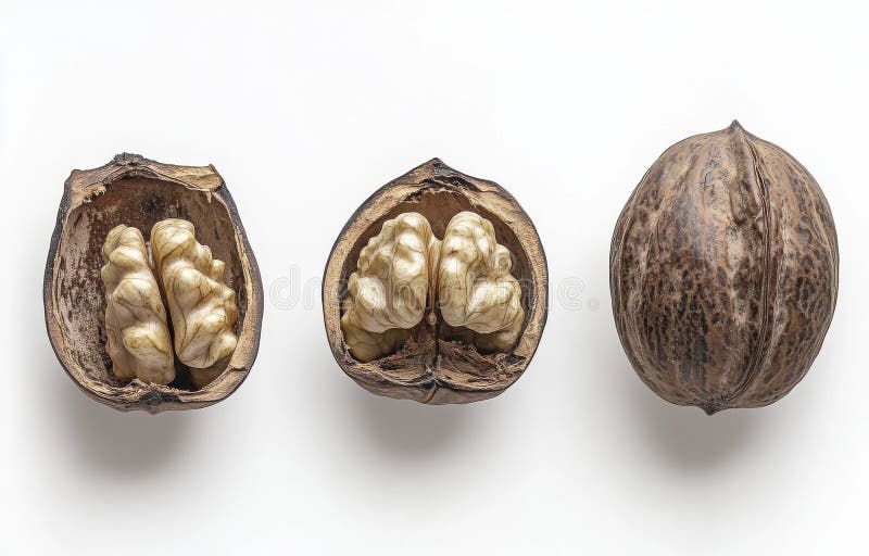 Three Walnuts Whole and Cracked Open on White Background Stock ...