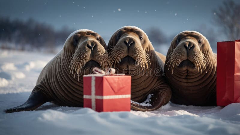 Three Walruses with Snow on Their Heads and Christmas Presents on Snowy ...